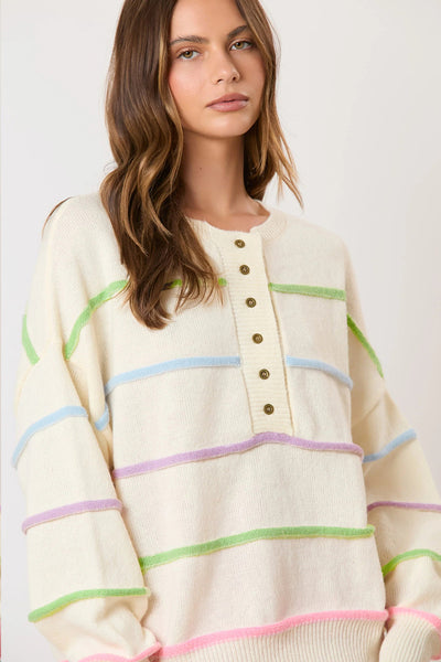 KaleaBoutique Rainbow Stripes Drop Shoulder Baggy Henley Sweater ...